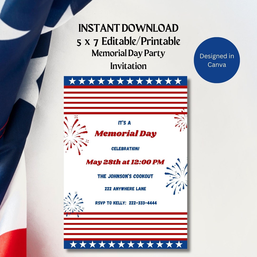 Memorial Day BBQ Party Invitation Editable Template, Instant Download ...