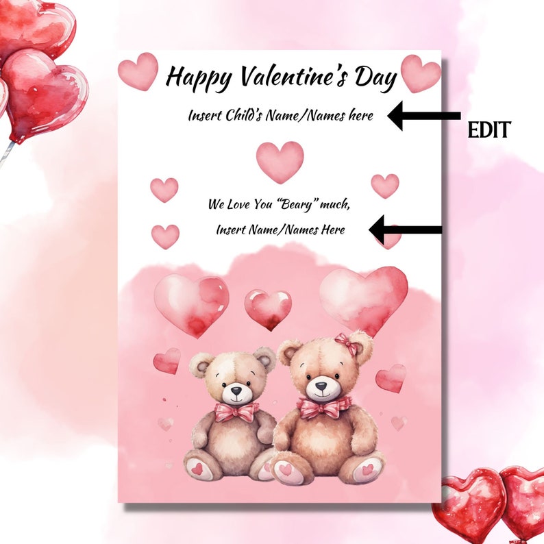 Editable-personalized beary Happy Valentine's Day Card-5x7-instant ...