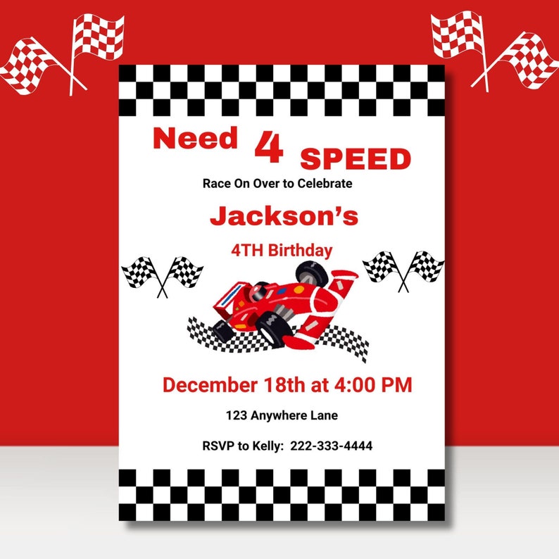 Need 4 Speed Birthday Invitation: Race Car, 4th Birthday (5x7 Printable ...