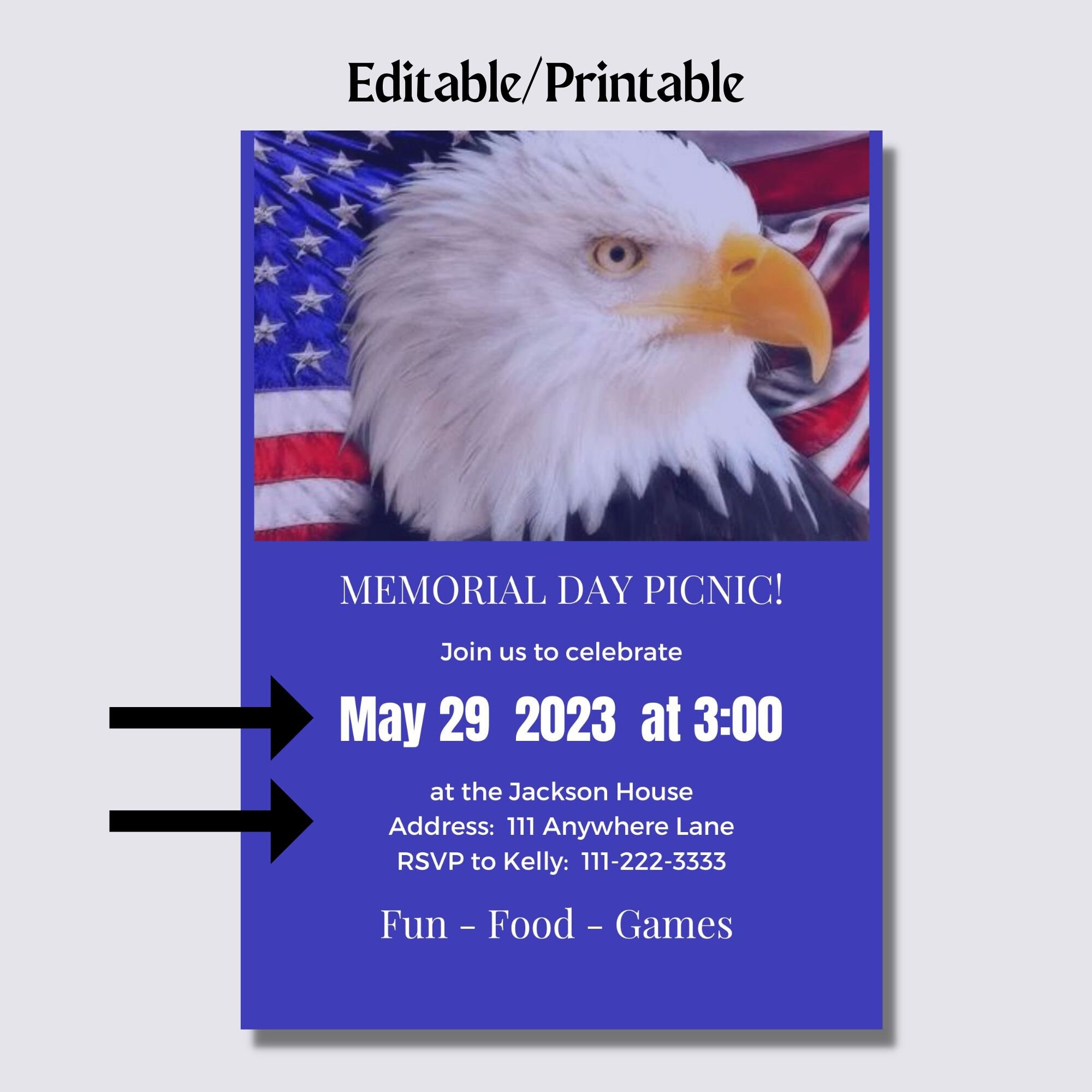 Memorial Day BBQ Picnic-party Invitation Editable Printable Template ...