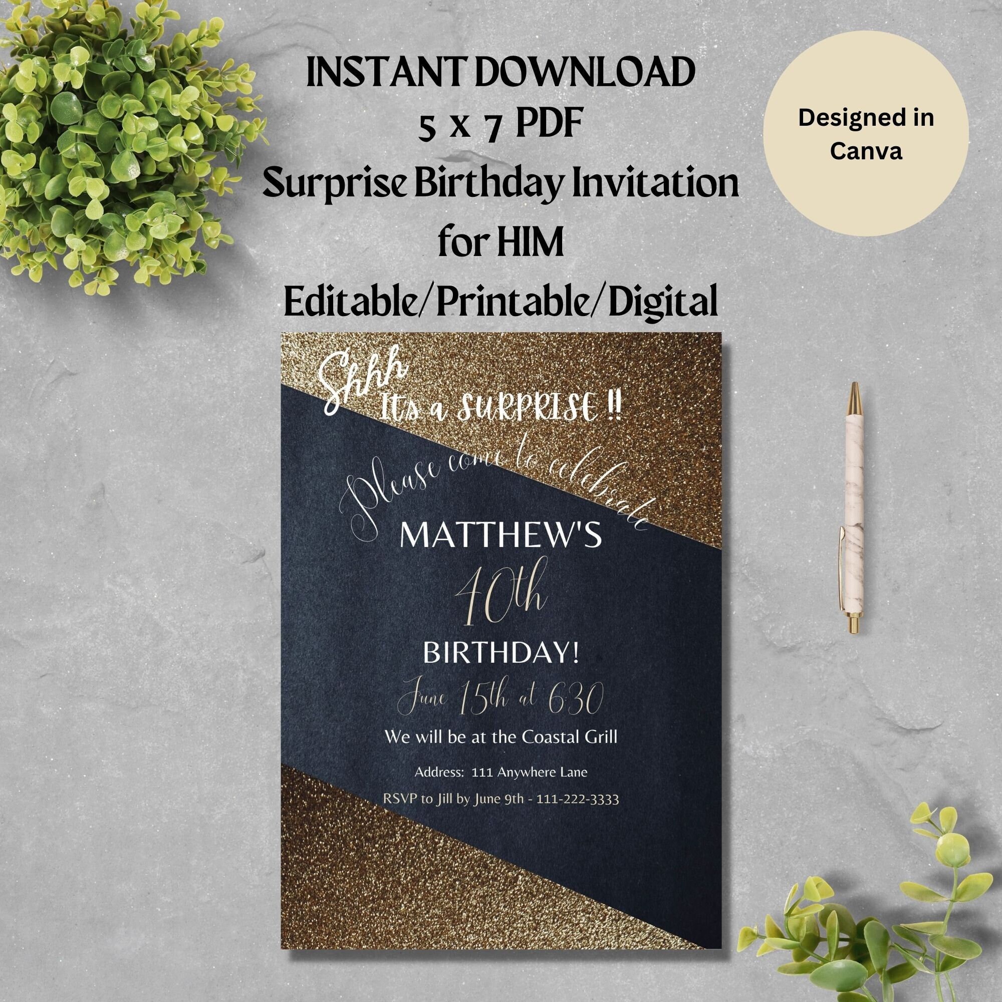 Shhh It's a Surprise Birthday Invitation for Him-editable -printable ...