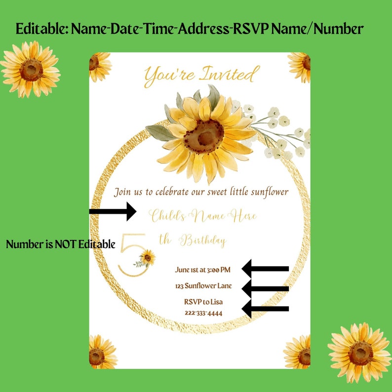 Editable Sunflower 5th Birthday Invitation-instant Download-5x7 ...