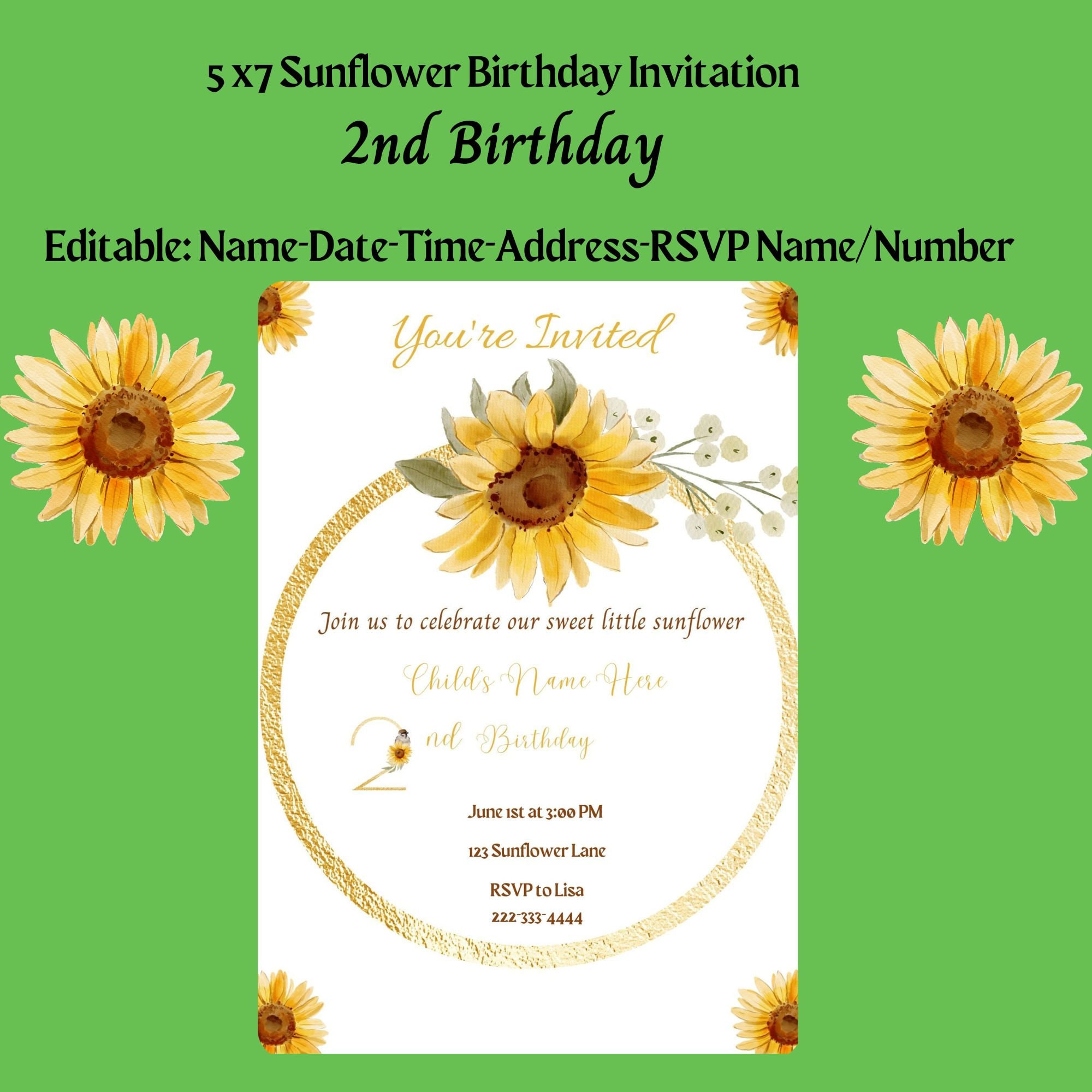 Editable Sunflower 2nd Birthday Invitation-instant Download-5x7 ...