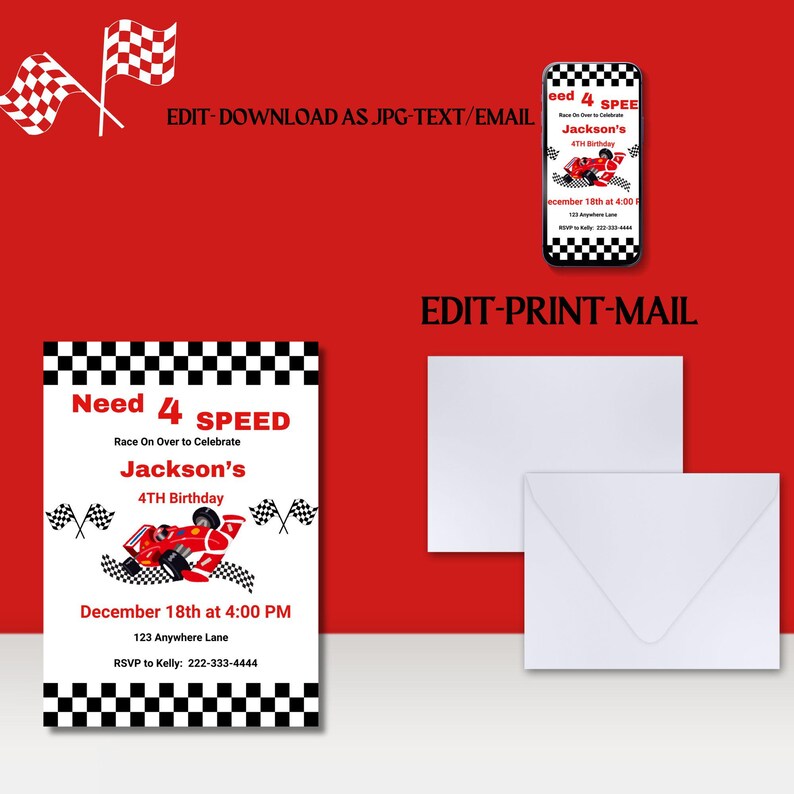 Need 4 Speed Birthday Invitation: Race Car, 4th Birthday (5x7 Printable ...