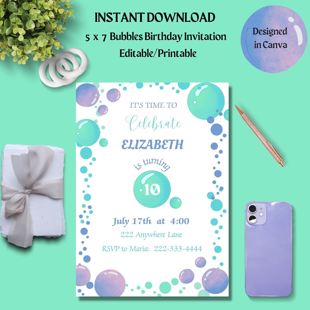 Editable Bubbles Birthday Party Invitation Template-instant DOWNLOAD ...
