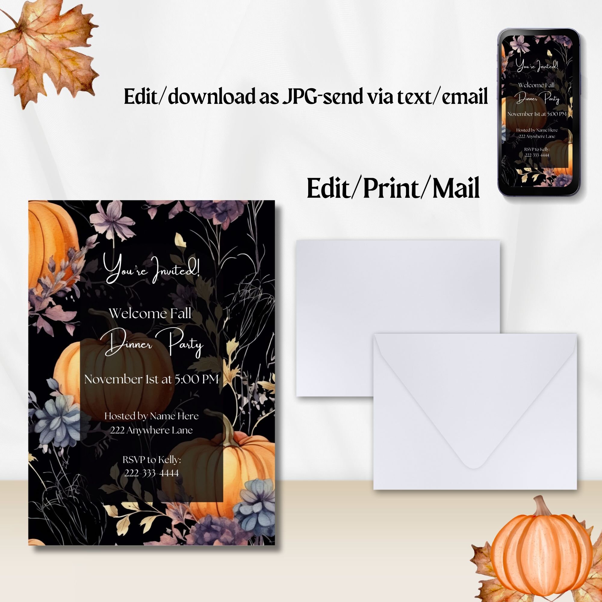 Editable Fall Dinner Party Invitation-5x7-plus Place Setting Card ...