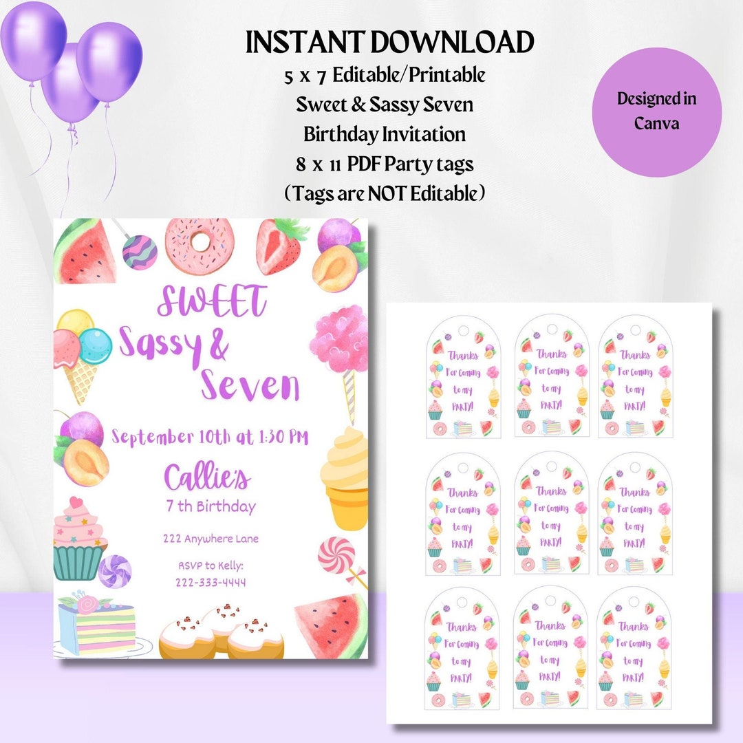 Editable Sweet Sassy and Seven Birthday Bundle- INSTANT Download-5x7 ...
