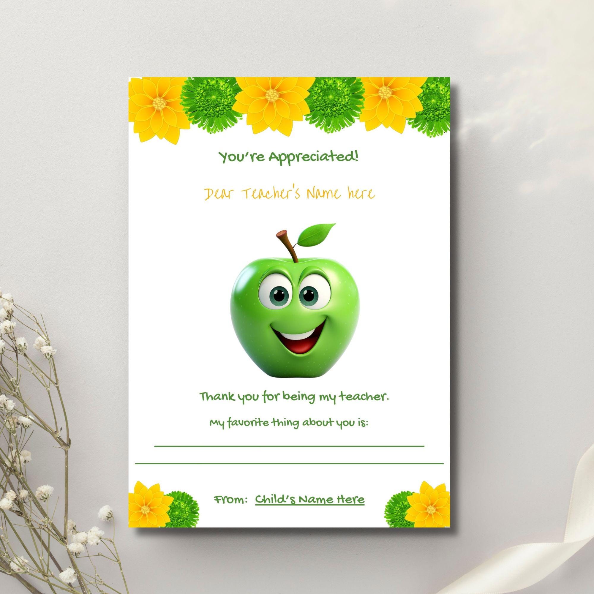 Editable Teacher Appreciation Card: Printable Thank You Gift (5x7 ...