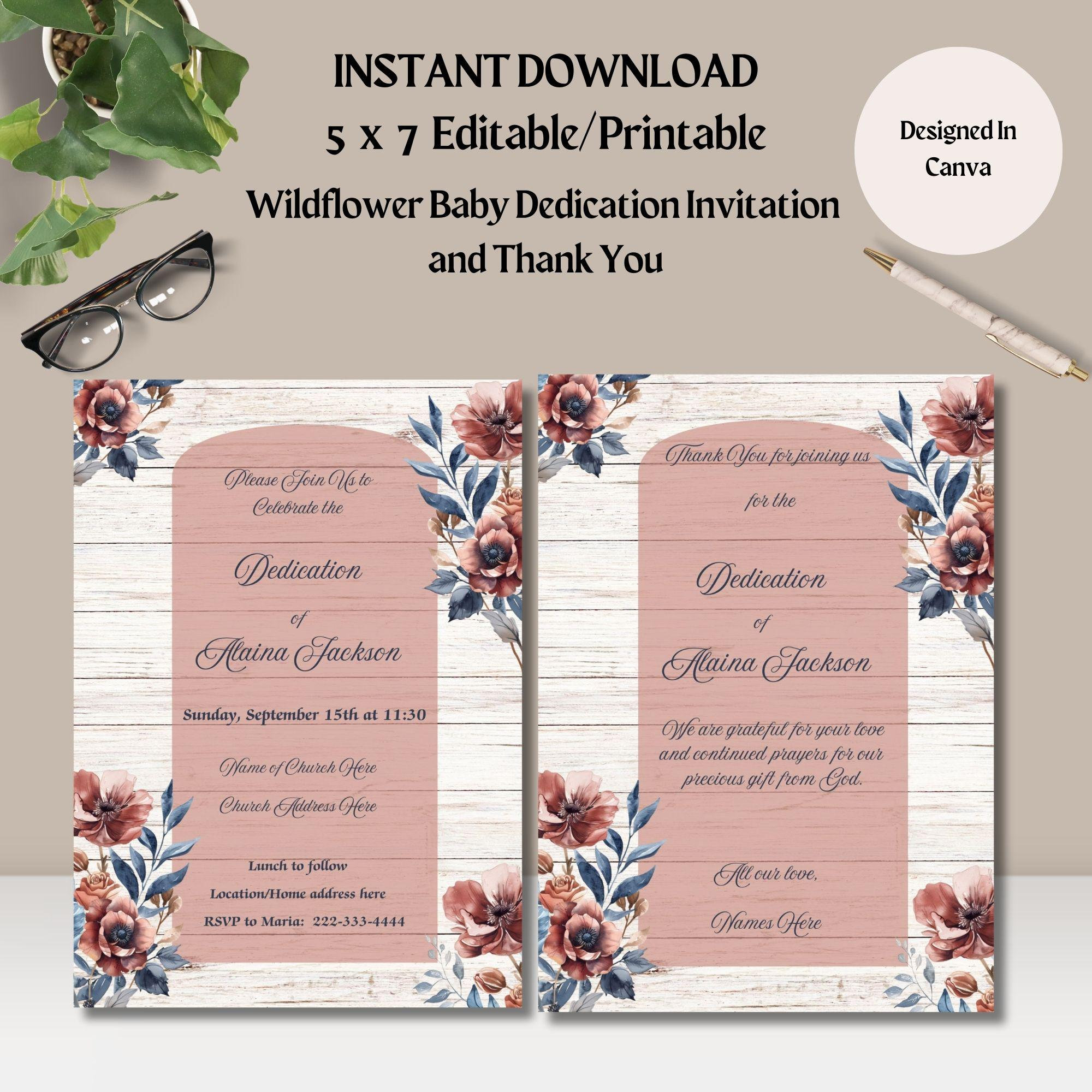 Editable Neutral Floral Baby Dedication Invitation-thank You-bundle ...