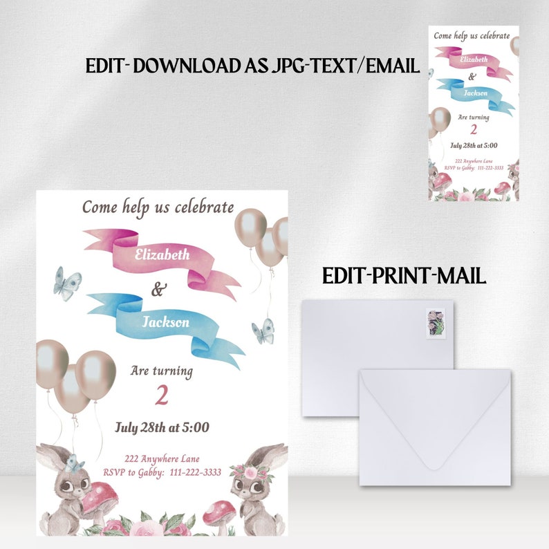Editable Twin Birthday Invitation Template-instant Download-5x7 ...