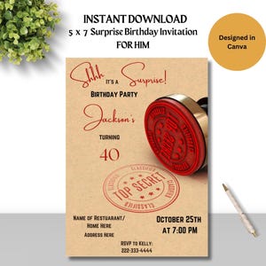 Shh It's a Surprise Birthday Invitation for Him-editable-printable ...