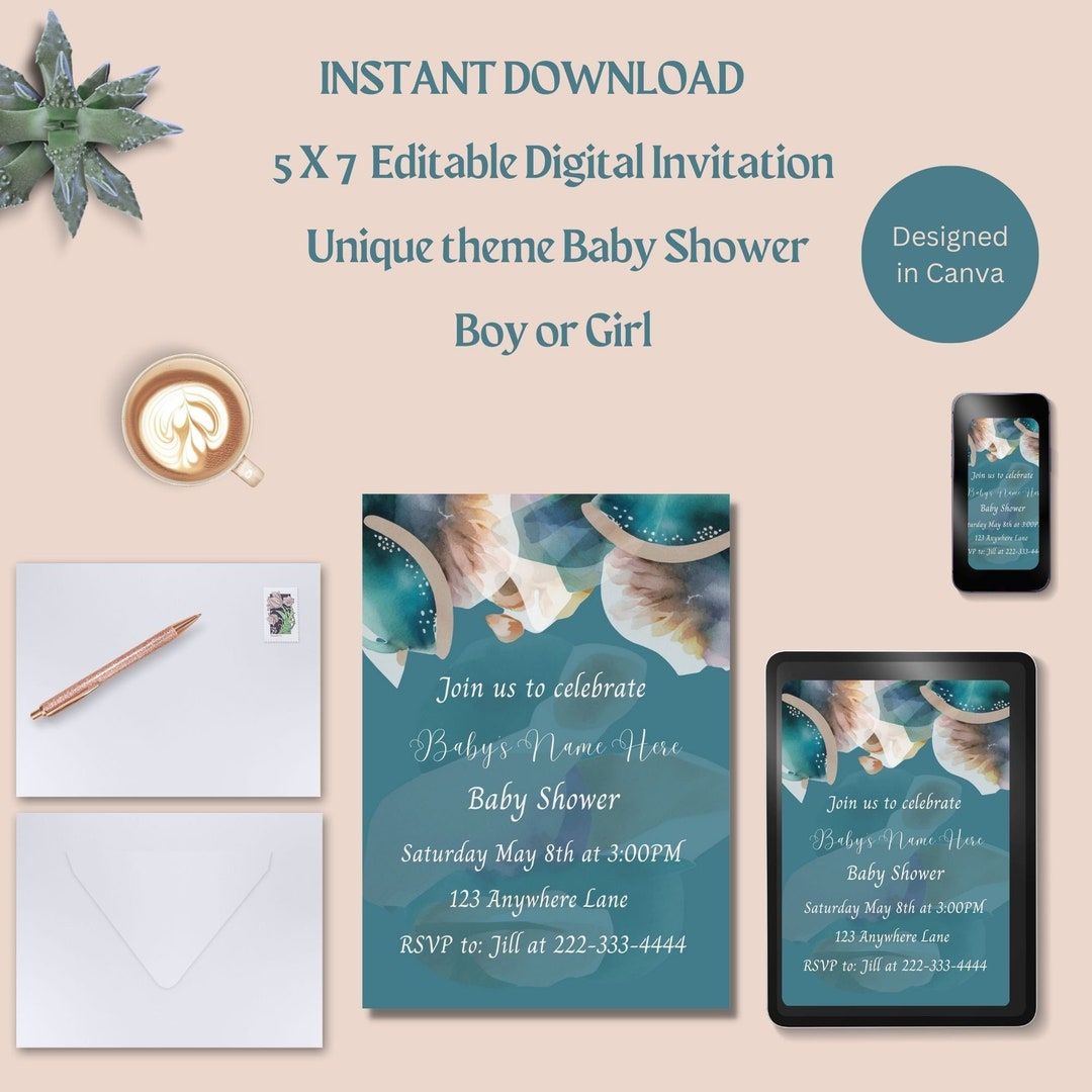 Editable Designer Baby Shower Invitation-instant Download-elegant-teal ...