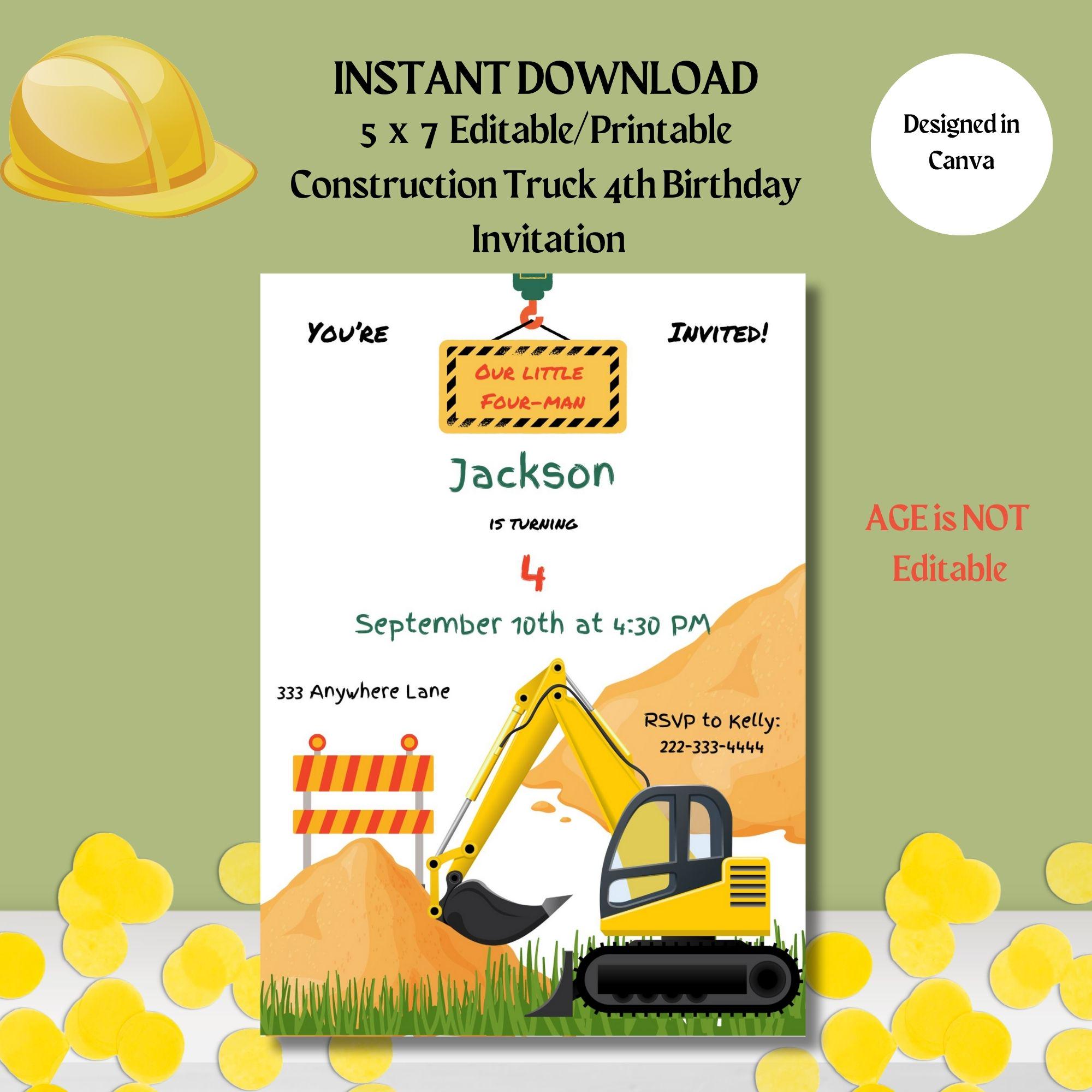 Editable Boys Construction 4TH Birthday Invitation- INSTANT Download ...