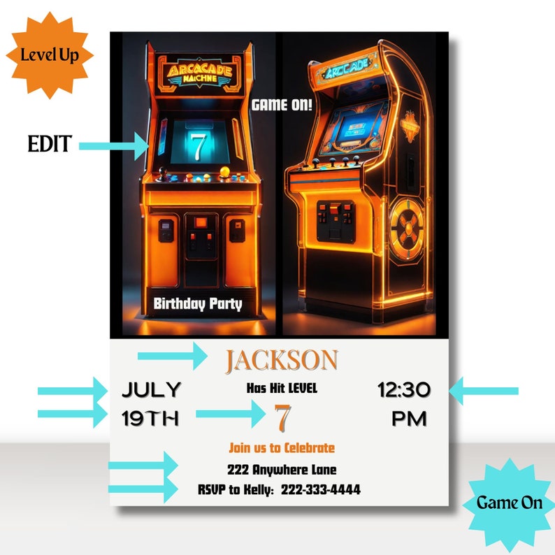 Editable Retro Arcade Birthday Invitation-game On-5 X 7-INSTANT ...