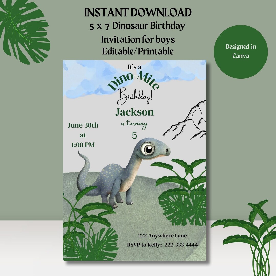 Dinosaur Birthday Invitation Template: Editable Dino Party (5x7 ...