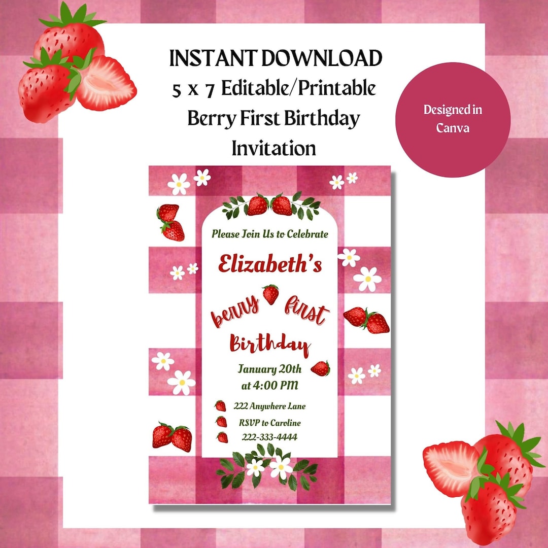 Editable-printable Berry First Birthday Invitation-girl-5x7-instant ...