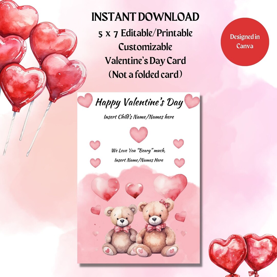 Editable-personalized beary Happy Valentine's Day Card-5x7-instant ...