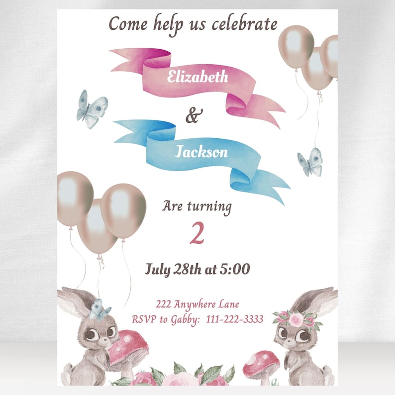 Editable Twin Birthday Invitation Template-instant Download-5x7 ...