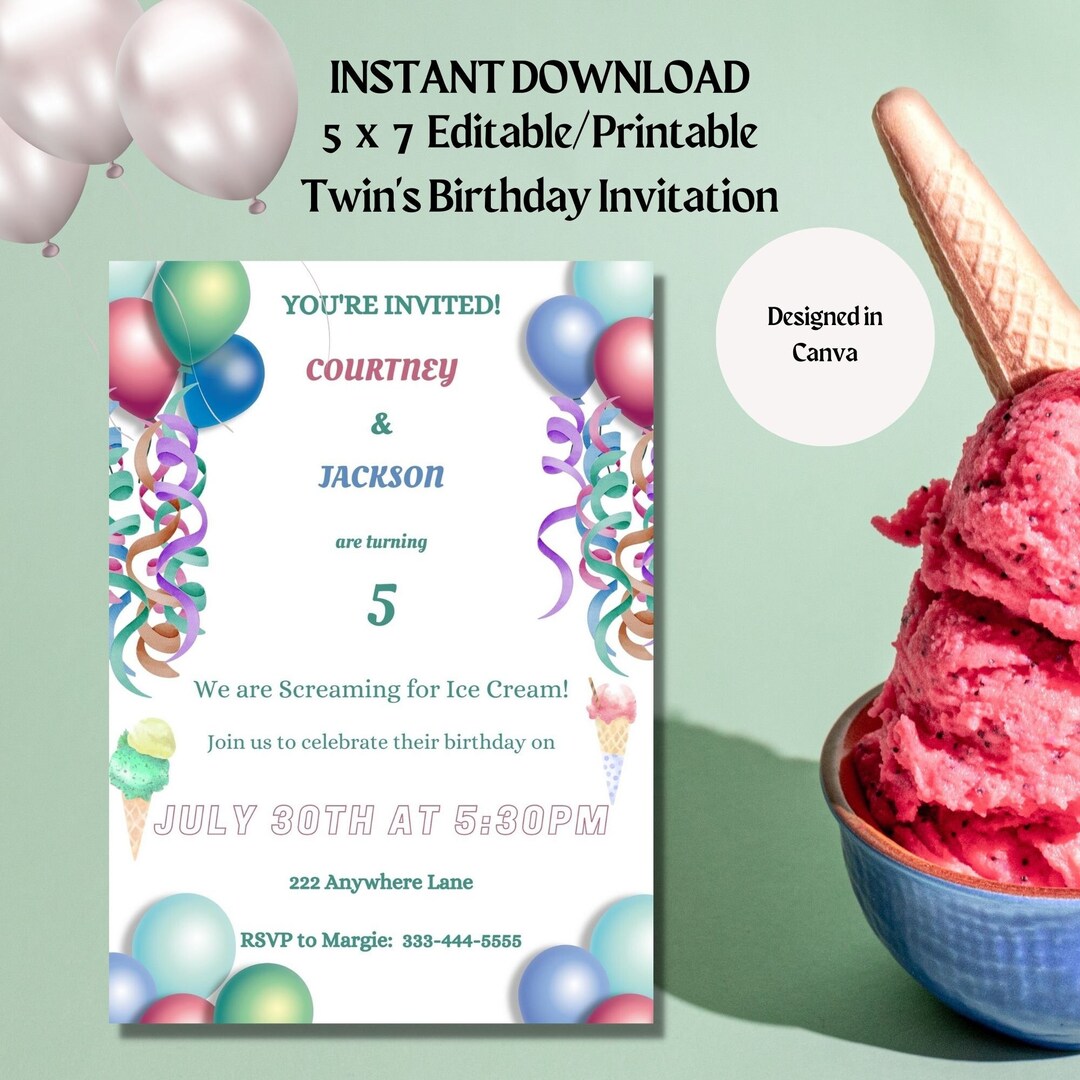 Editable Twin Birthday Invitation Template-instant Download-5x7 ...
