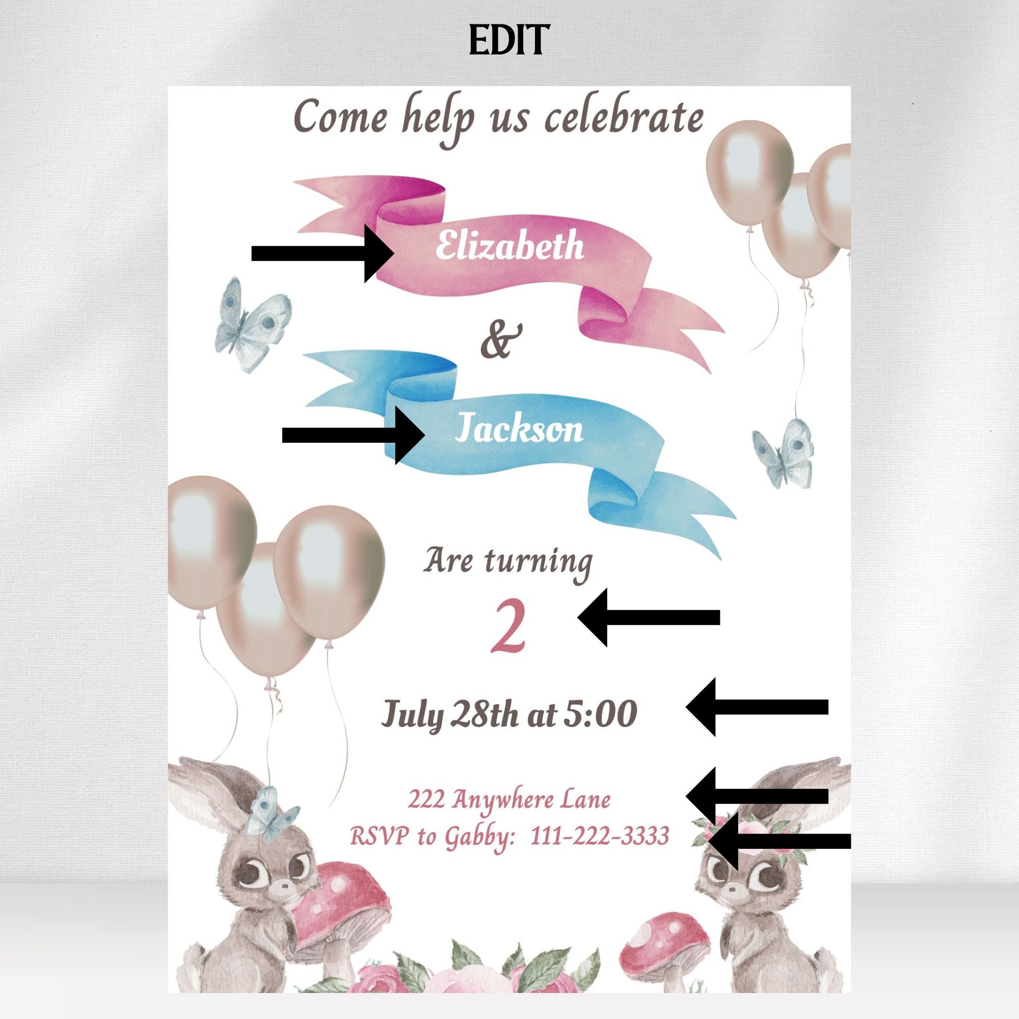 Editable Twin Birthday Invitation Template-instant Download-5x7 ...