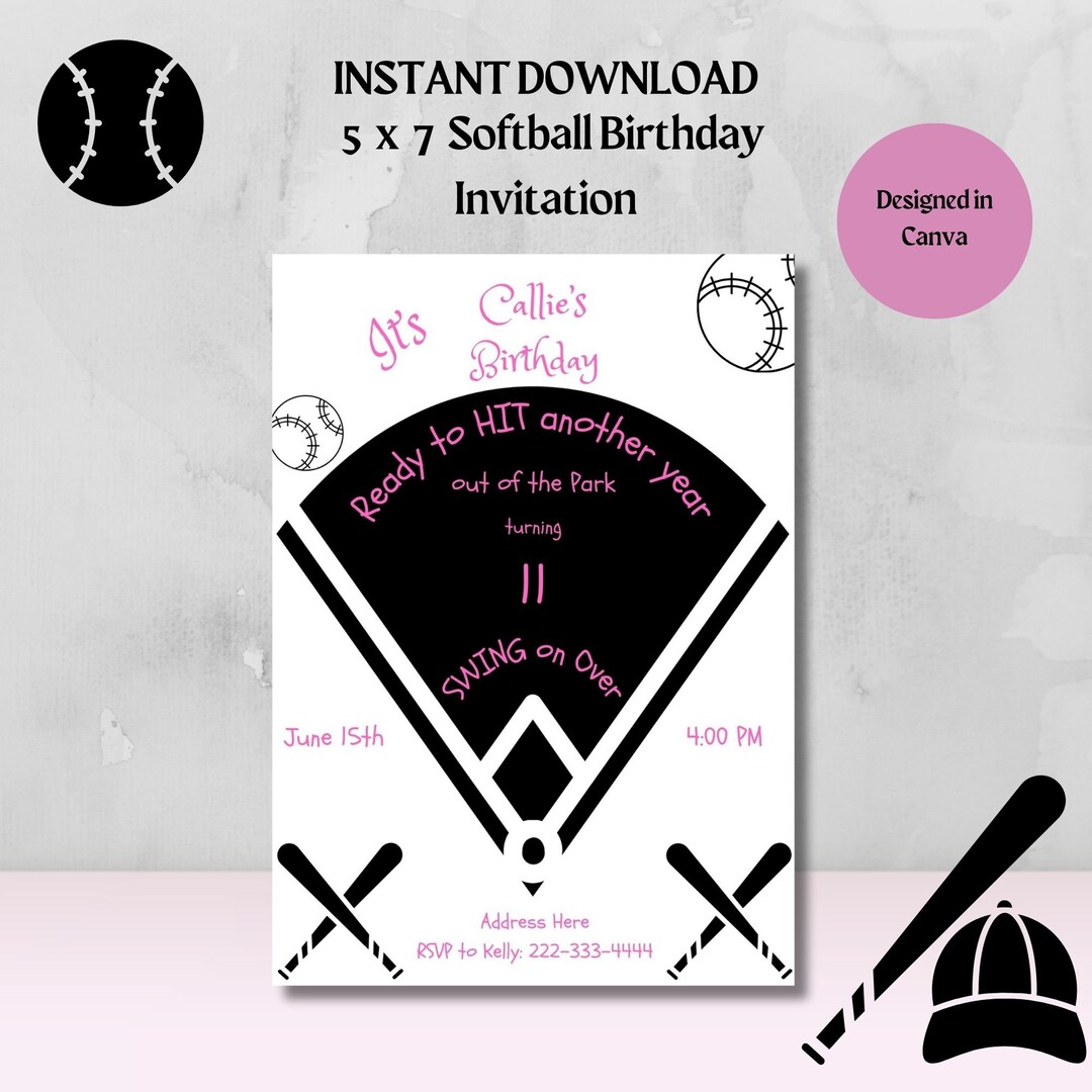 Editable Softball Birthday Invitation-5 X 7-INSTANT DOWNLOAD- Printable ...