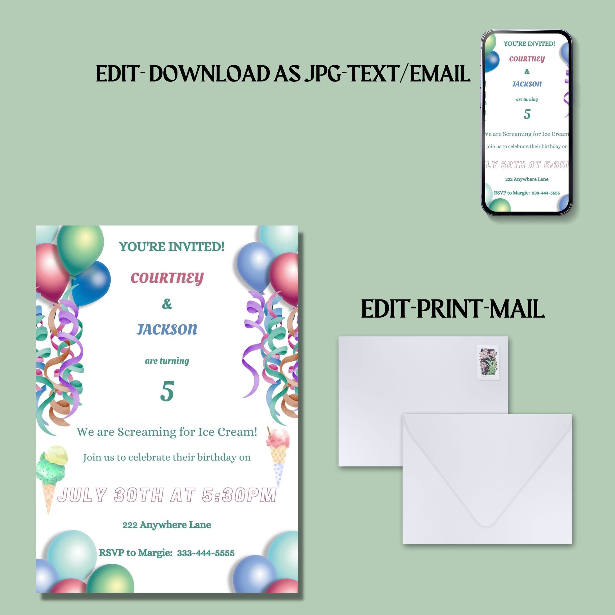 Editable Twin Birthday Invitation Template-instant Download-5x7 ...