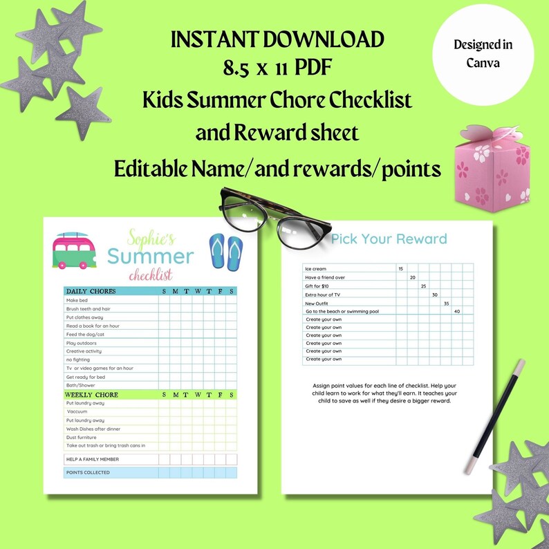 Editable Kid's Summer Checklist and Rewards-instant DOWNLOAD- 8.5x11 ...