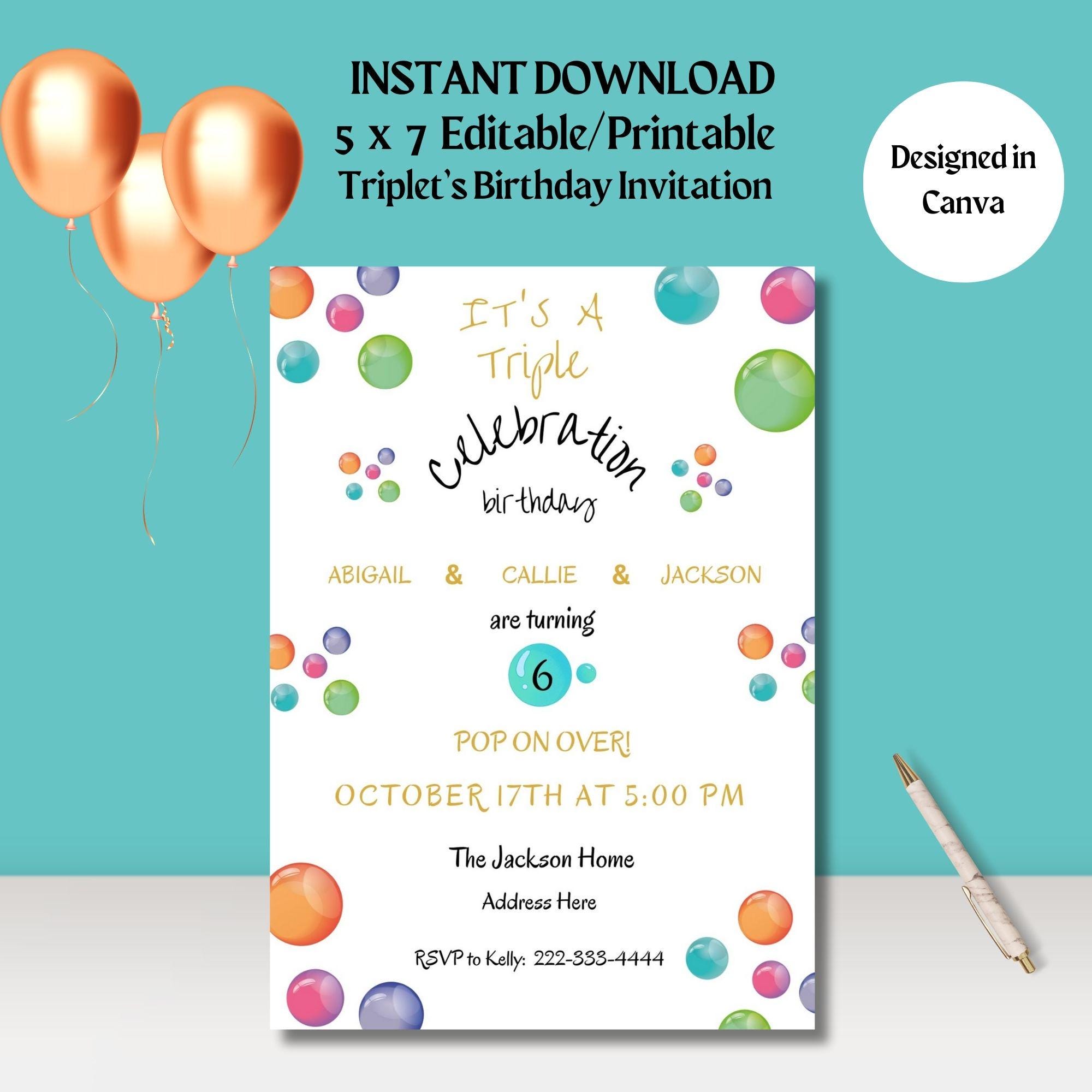 Triplet's Birthday Invitation-triple Birthday-joint Birthdays-5x7 ...