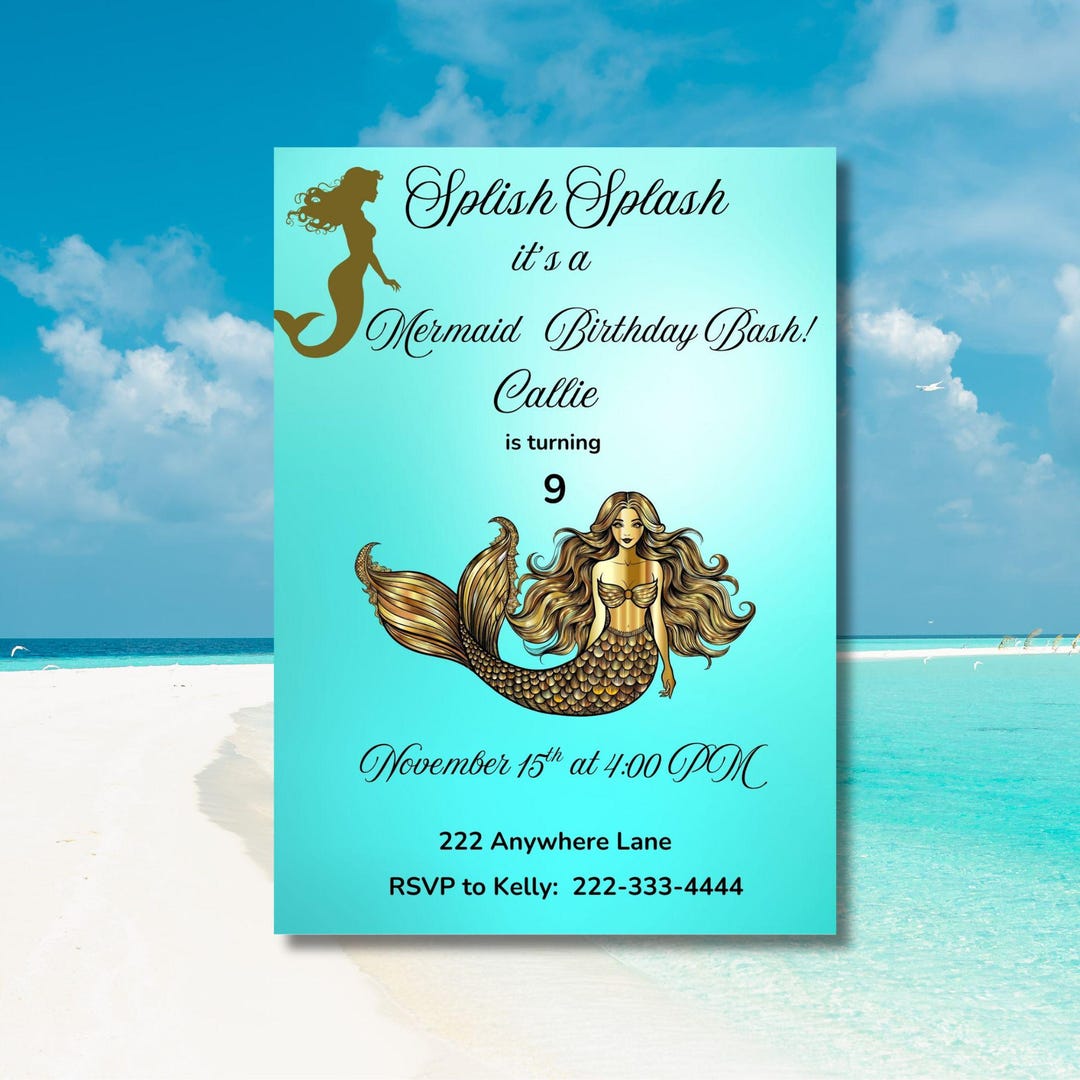 Splish Splash Mermaid Birthday Invitation: Editable-printable 5x7- Girl ...