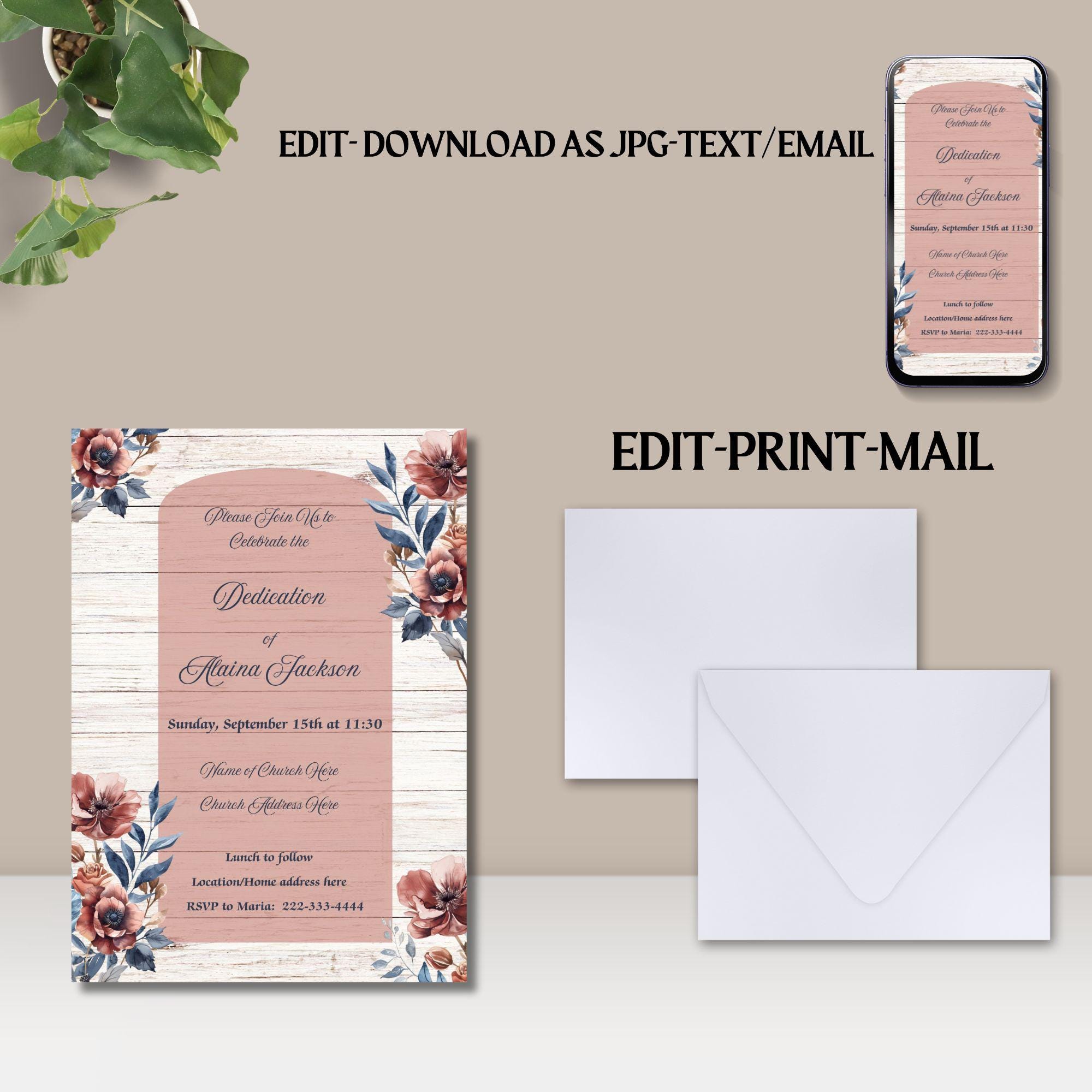 Editable Neutral Floral Baby Dedication Invitation-thank You-bundle ...