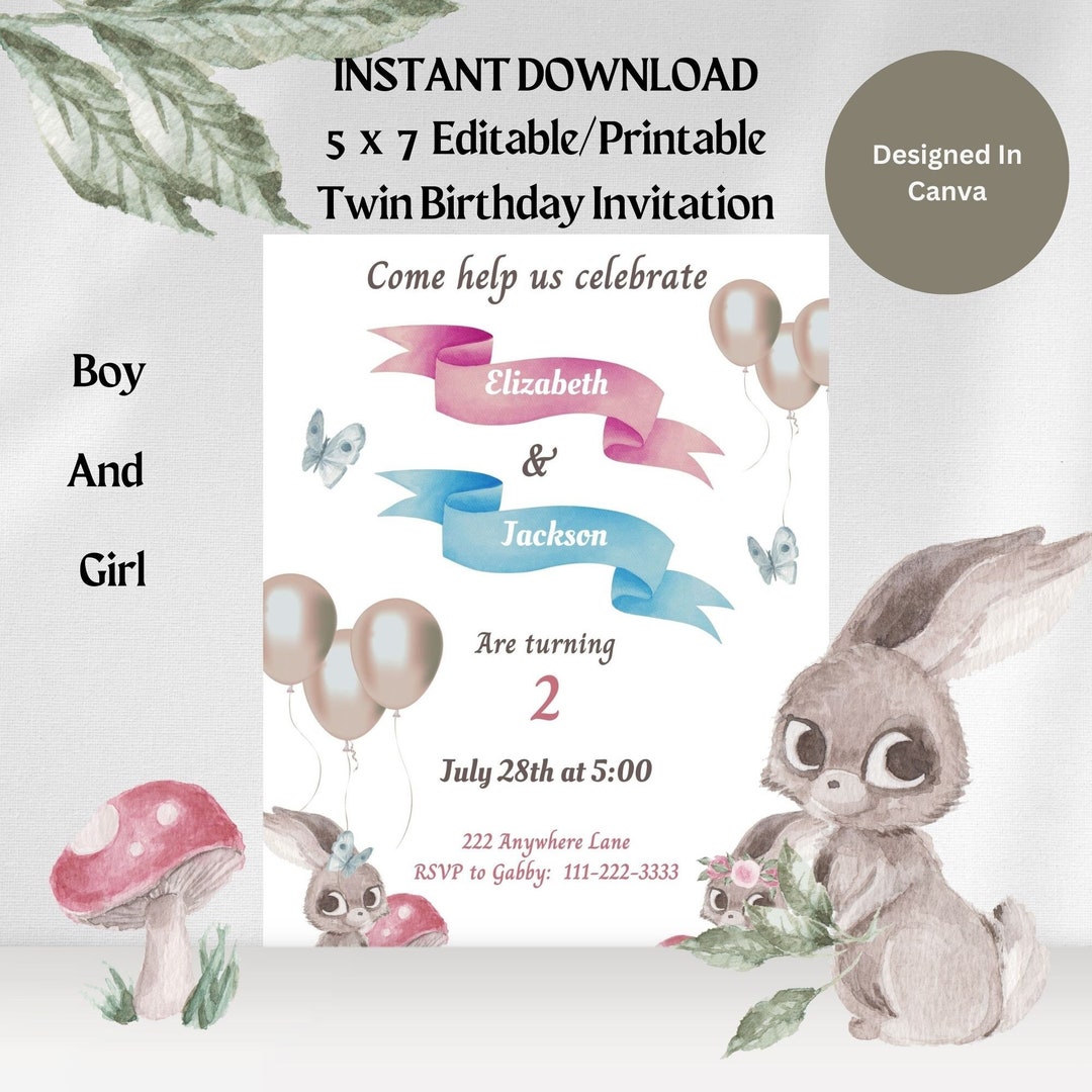 Editable Twin Birthday Invitation Template-instant Download-5x7 ...