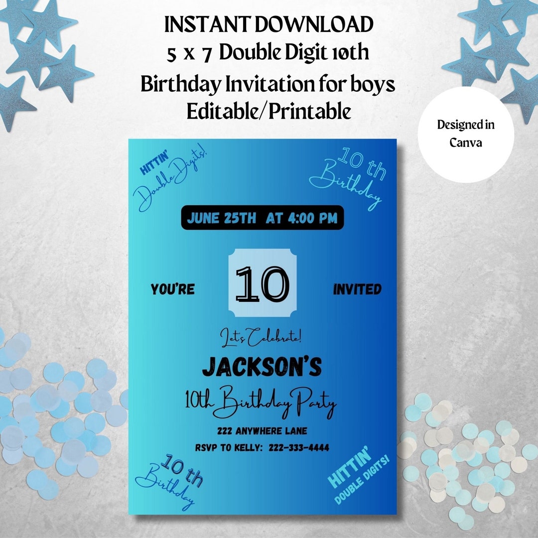 Editable-10th Birthday- Double Digit Birthday Invite Boy-5 X 7-INSTANT ...
