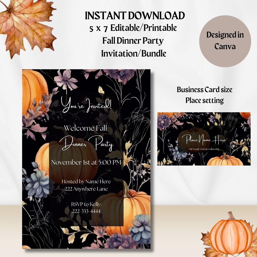 Editable Fall Dinner Party Invitation-5x7-plus Place Setting Card ...