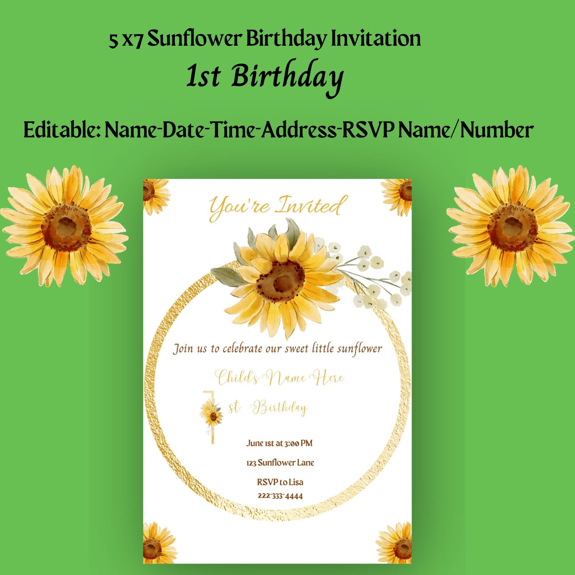 Editable Sunflower 1st Birthday Invitation-instant Download-5x7 ...