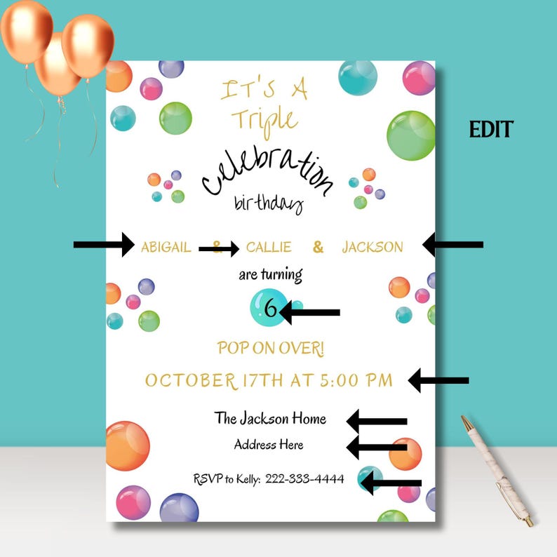 Triplet's Birthday Invitation-triple Birthday-joint Birthdays-5x7 ...