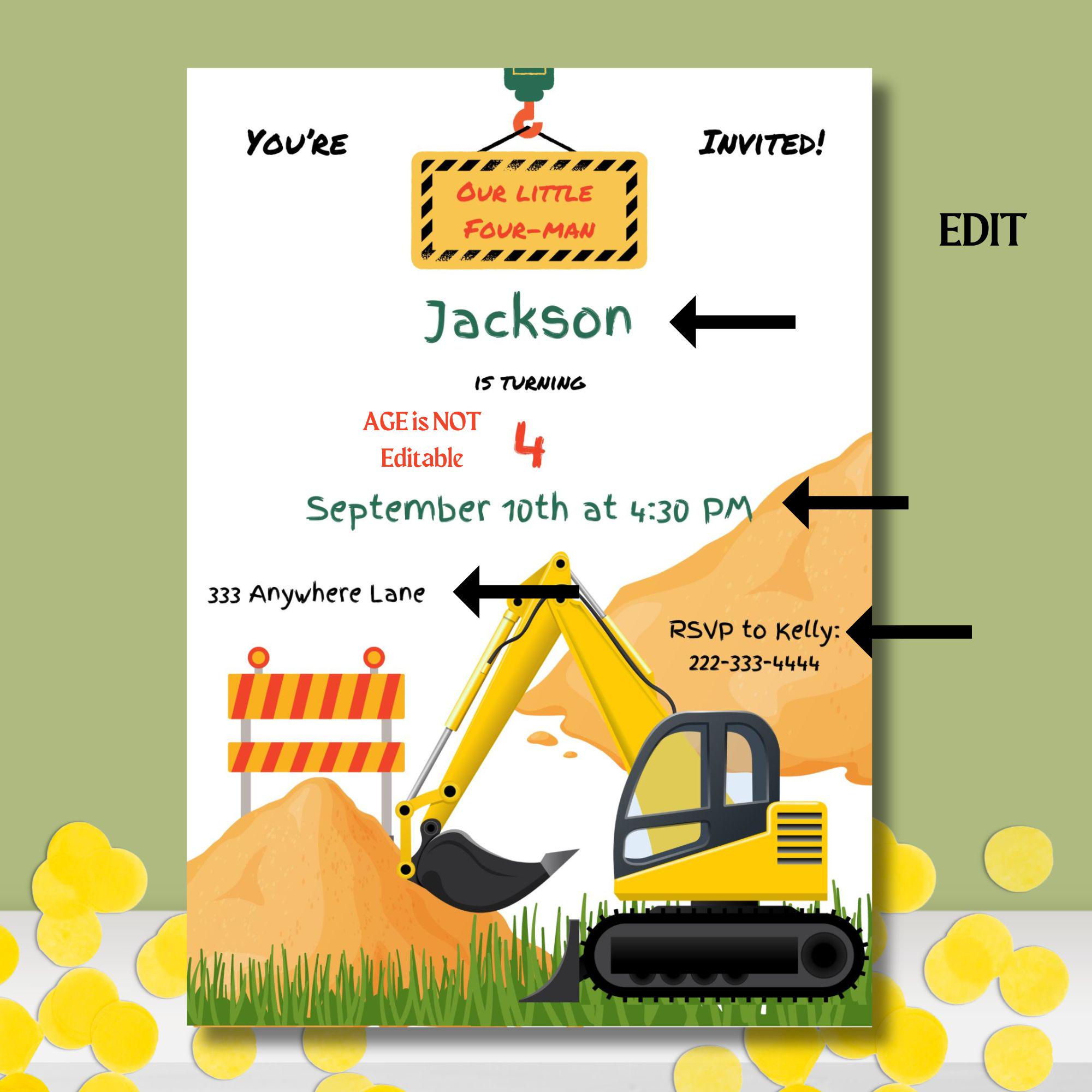 Editable Boys Construction 4TH Birthday Invitation- INSTANT Download ...