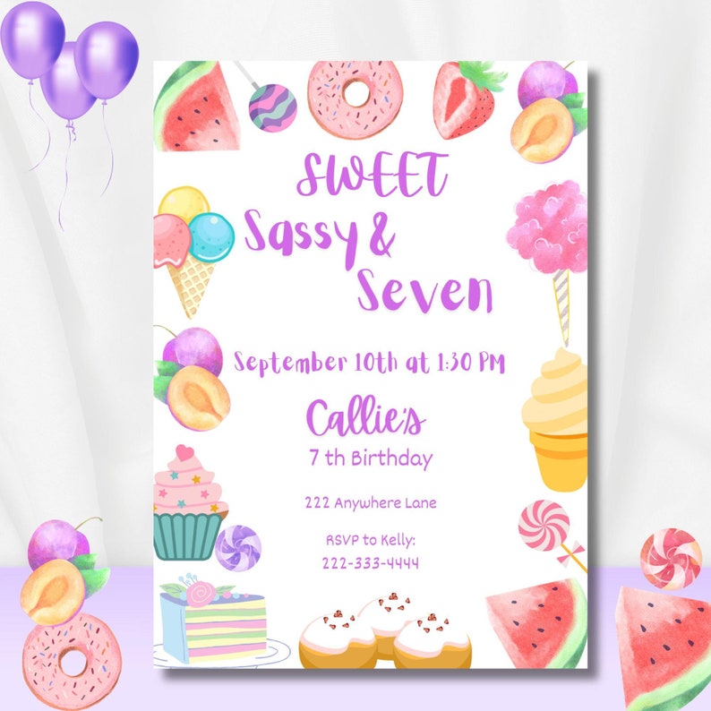 Editable Sweet Sassy and Seven Birthday Invitation- INSTANT DOWNLOAD ...