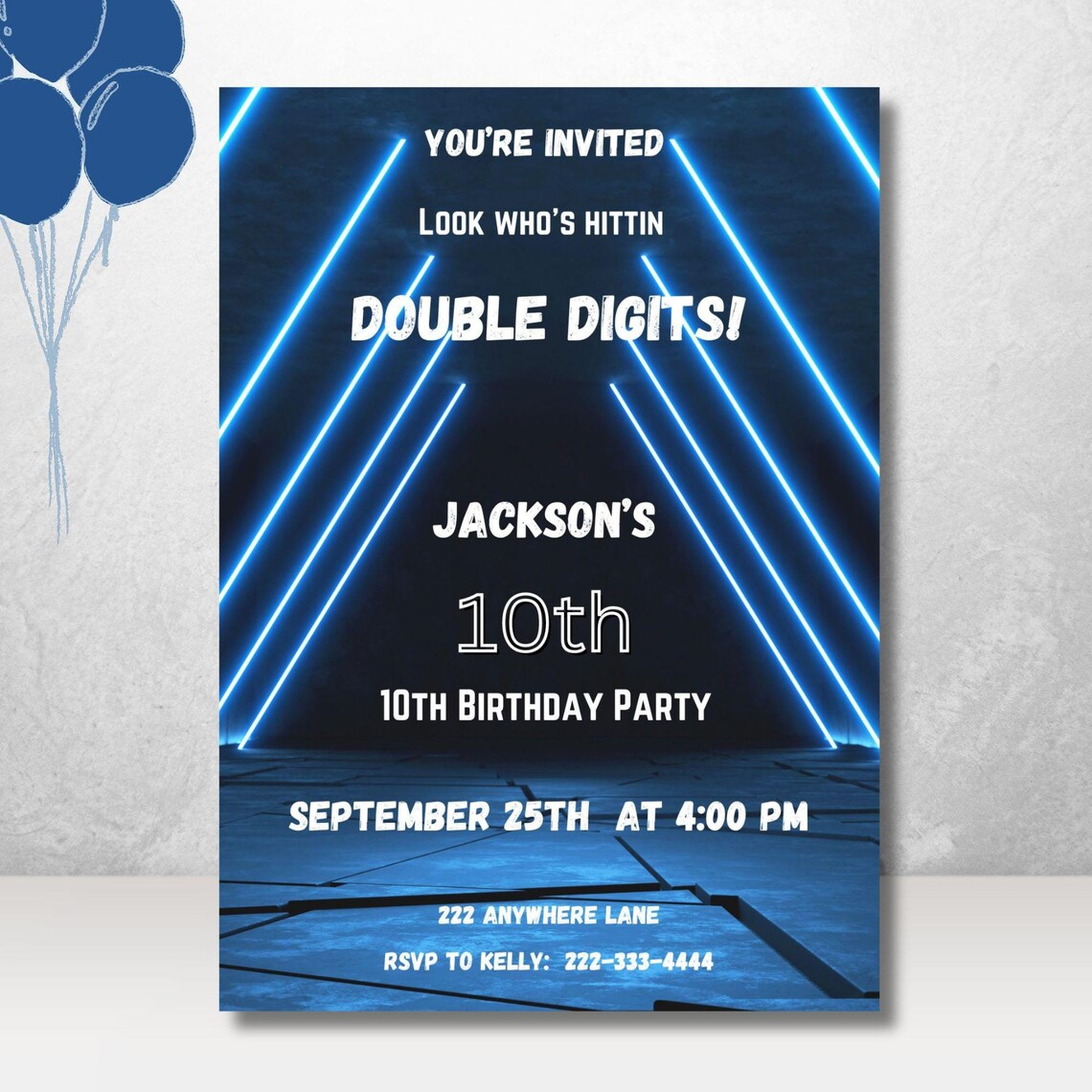 Neon Blue 10th Birthday Invitation: Double Digits (5x7, Instant ...