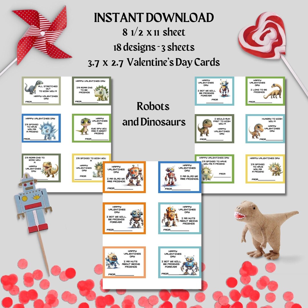 18 Designs-kid's Valentine's Day Cards-3 Pages-robots and Dinosaurs ...