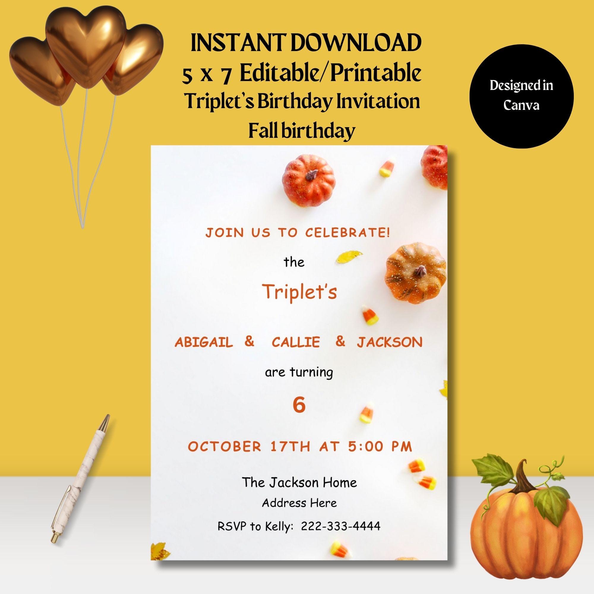Triplet's Birthday Party Invitation-triple Birthday Bash-joint ...