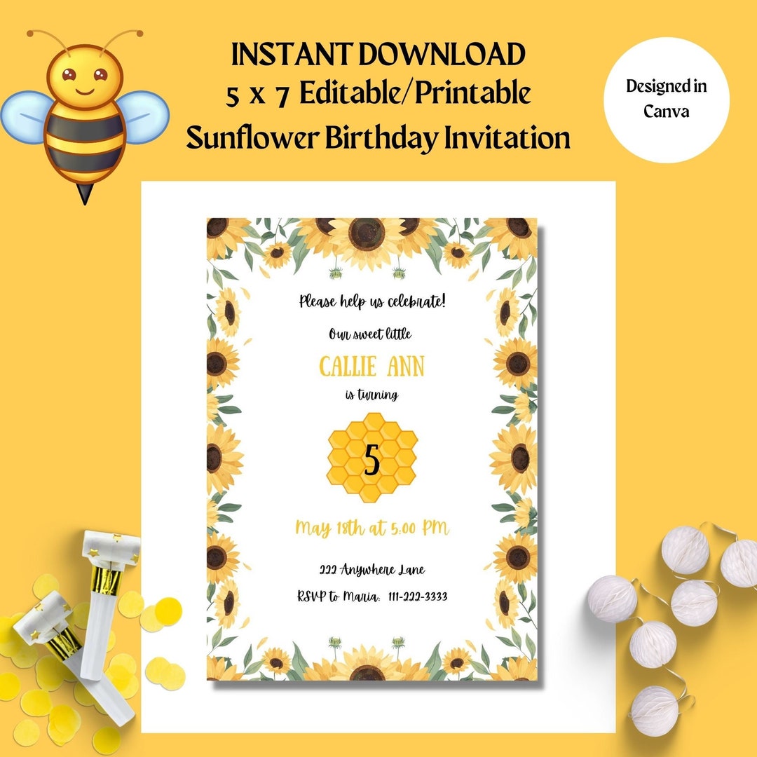 Editable Sunflower Birthday Invitation- INSTANT Download-5x7- Birthday ...