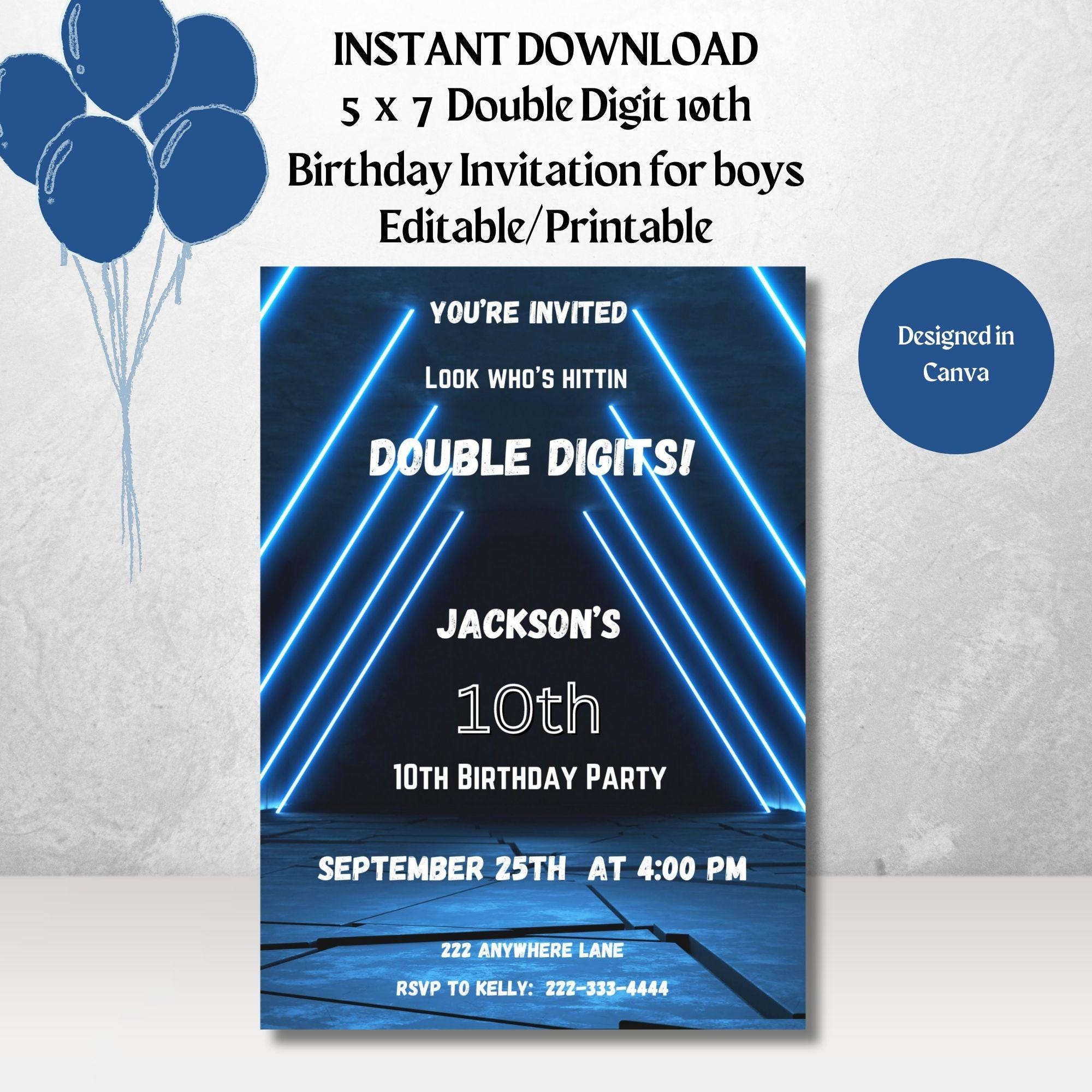 Neon Blue 10th Birthday Invitation: Double Digits (5x7, Instant ...