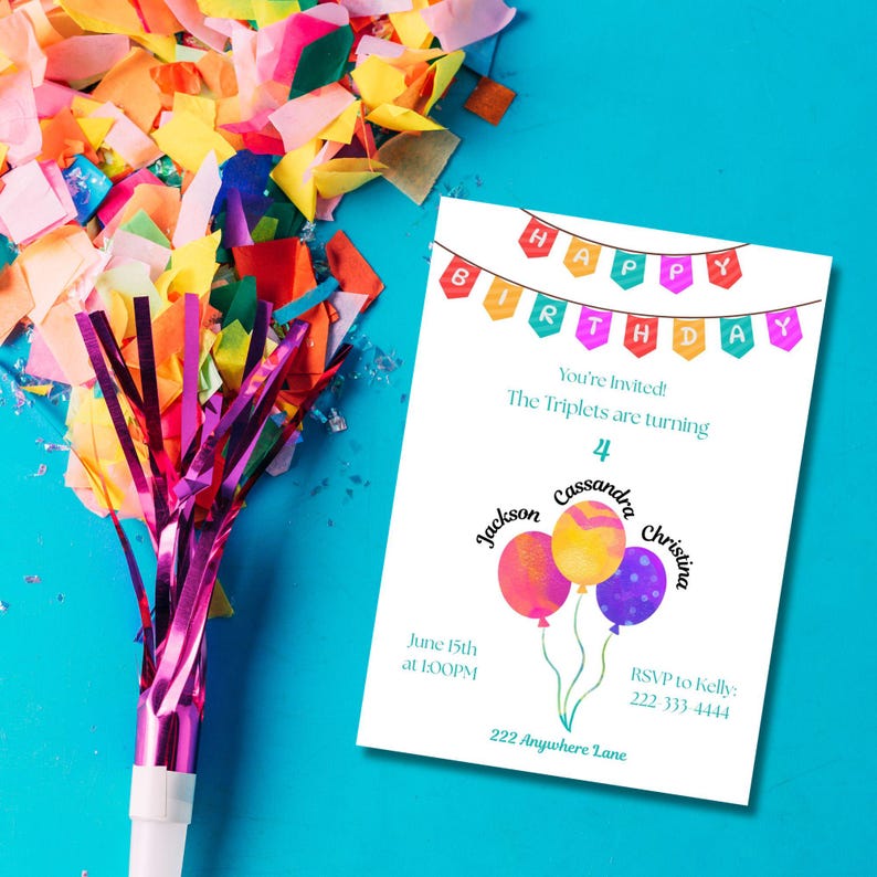 Triplet's Birthday Invitation-joint Birthday-5x7-editable-instant ...