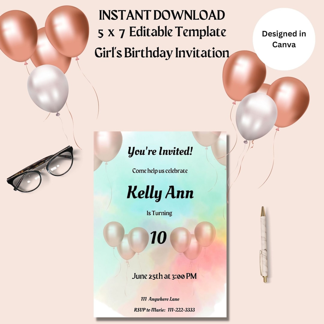 Watercolor Girl Birthday Invitation Template: Pastel Colors (5x7 Card ...