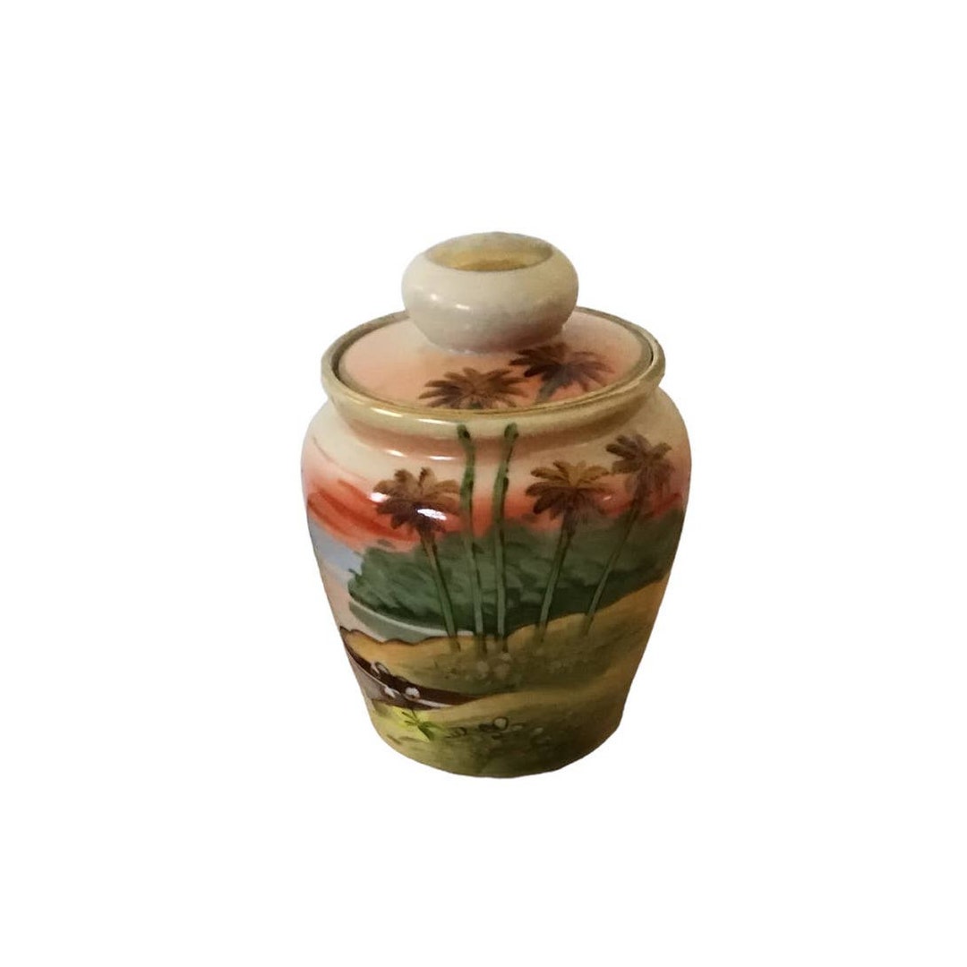 Vintage Noritake Hand Painted Palm Trees Jar With Lid Humidor 5 1/2 ...