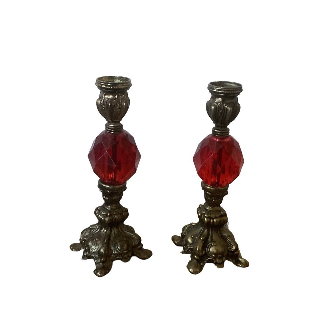 Ruby Red Hollywood Regency Lucite and Brass Candlestick 8" Pair Vintage ...