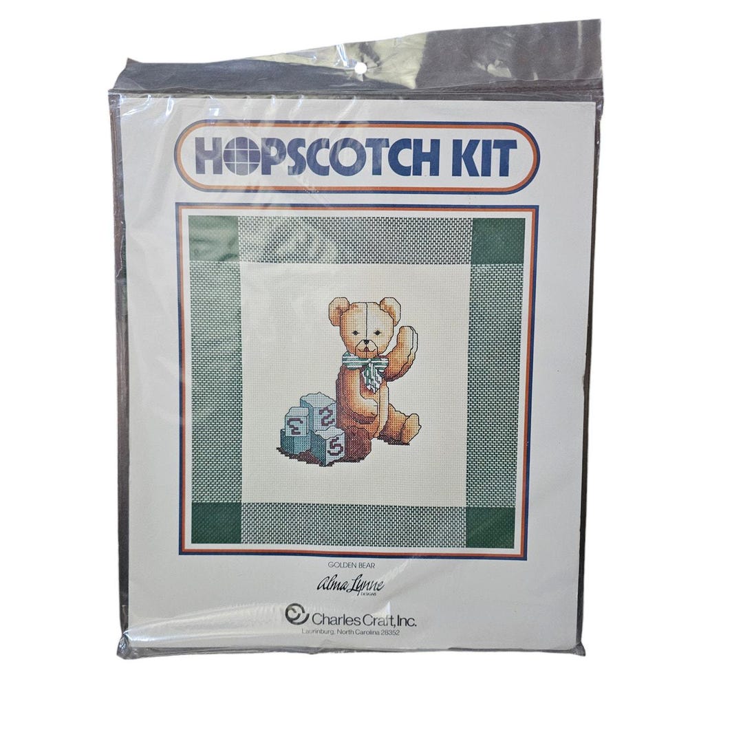 Alma Lynne Hopscotch Kit " Golden Bear" Vintage 12" X 10" Crosstitch ...