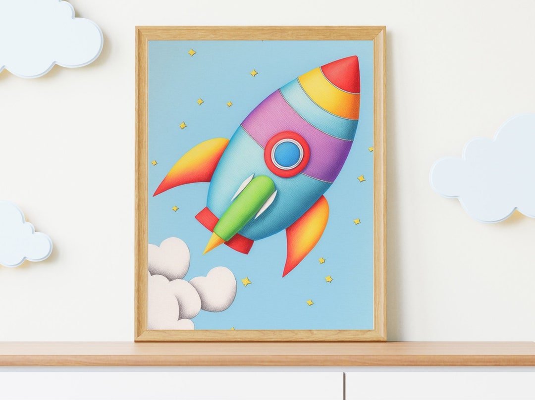 Colorful Vintage Rocket Ship Wall Art, Children's Poster for Nursery ...