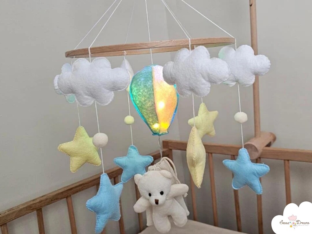 Personalized Handmade LED Light-up Baby Mobile With Teddy Bear, Hot Air ...