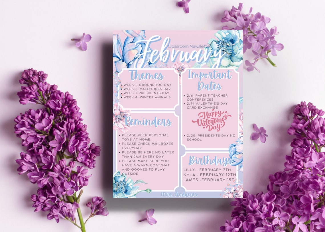 Purple Floral January/february Newsletter Preschool - Etsy